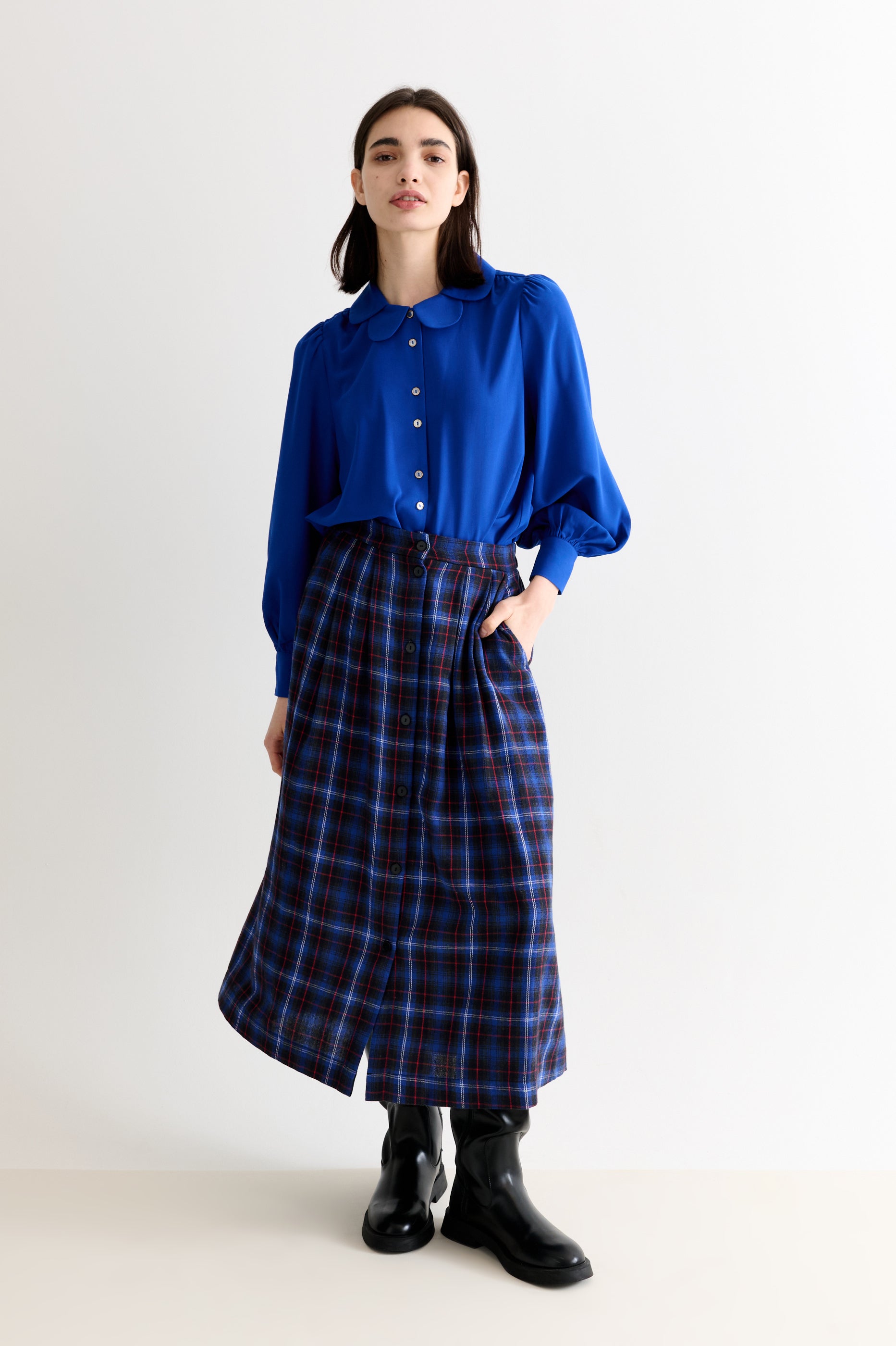 Bia Winter Check Button Through Skirt – Blue – Louche