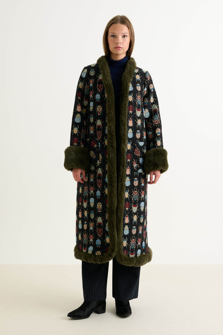 Delphia Beetlejuice Jacquard Fur Trim Coat – Multicoloured – Louche