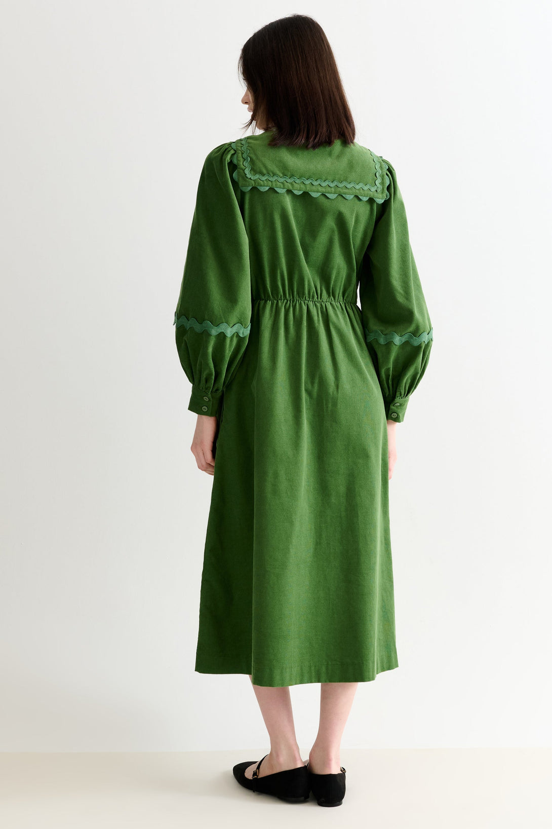 Prudence Babycord Big Collar Ric Rac Trim Midi Dress - Olive – Louche