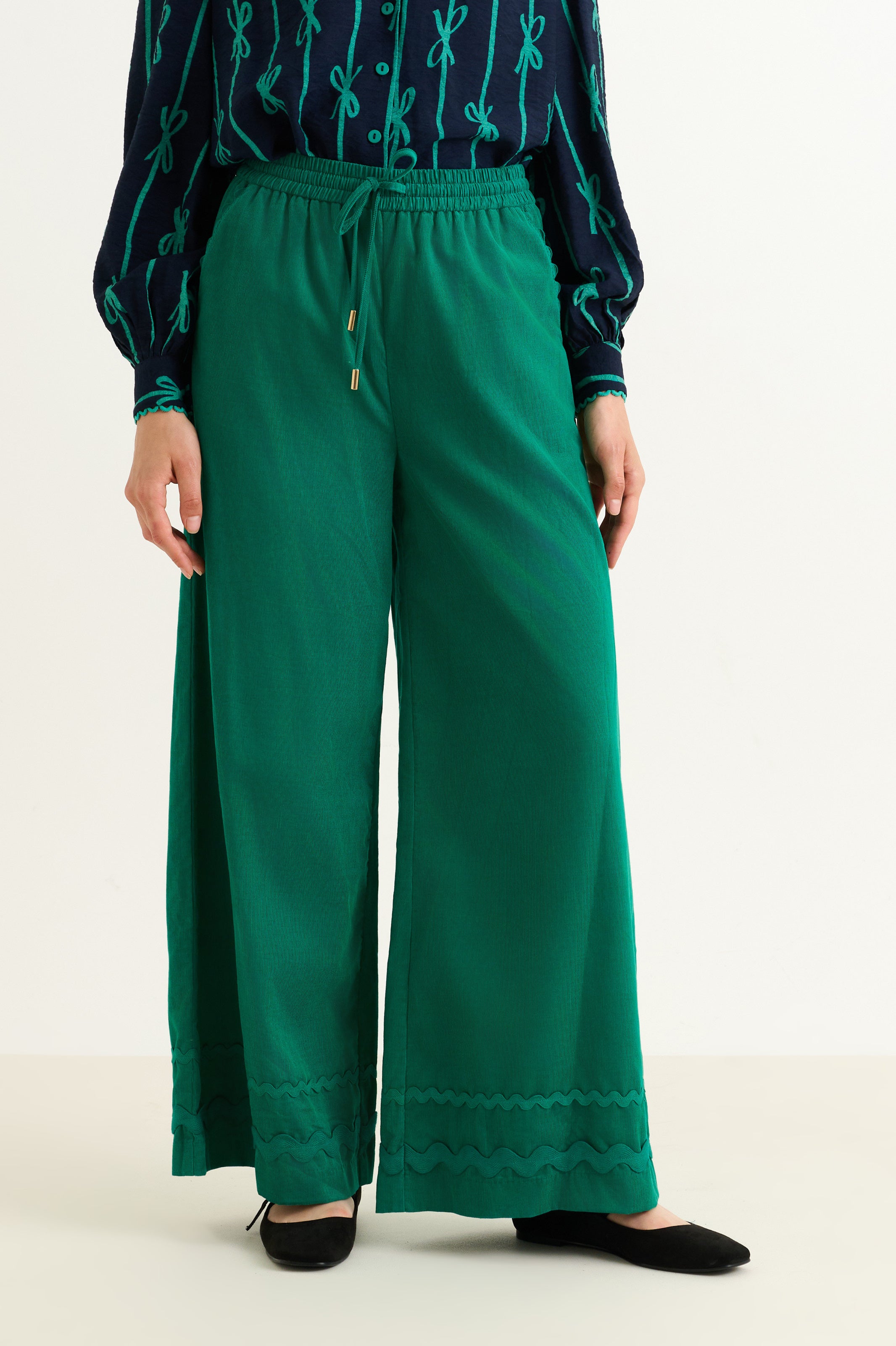 River Babycord Ric Rac Trim Wide Leg Trouser - Teal – Louche